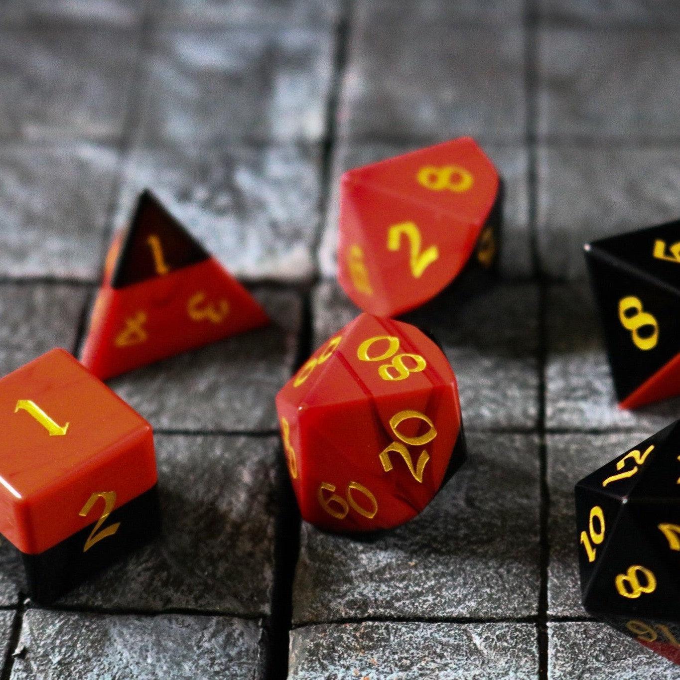 Synthetic Gemstone Two Tone Red/Black Hand Carved DND Dice Set – The ...